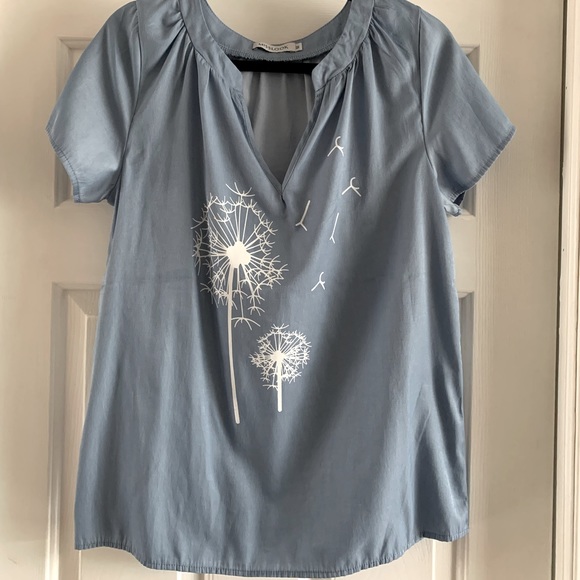 MISSLOOK | Tops | Miss Look Blue Shirt With Flower | Poshmark